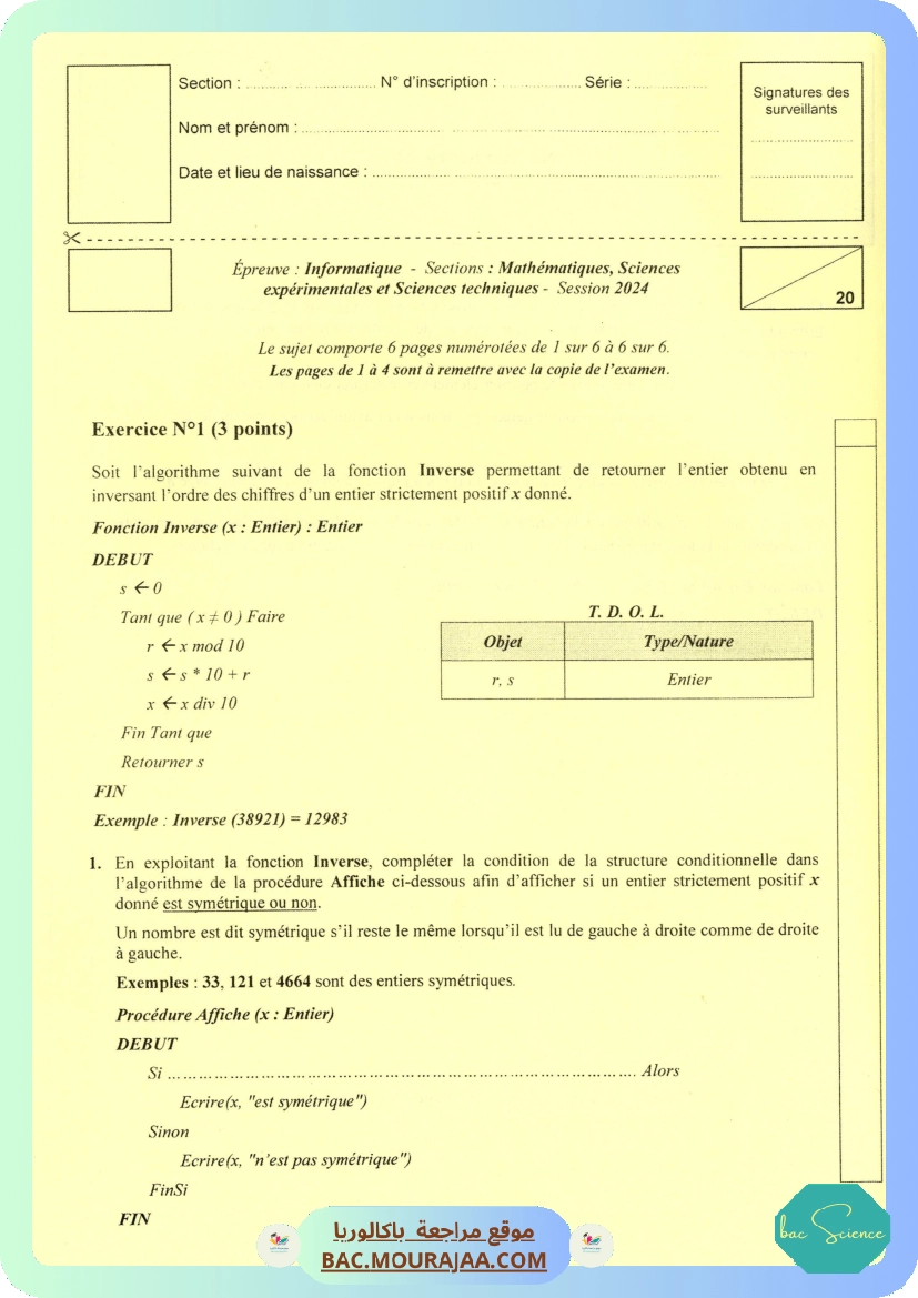 telecharger Sujet_principale_info_Bac_2024_Section_science